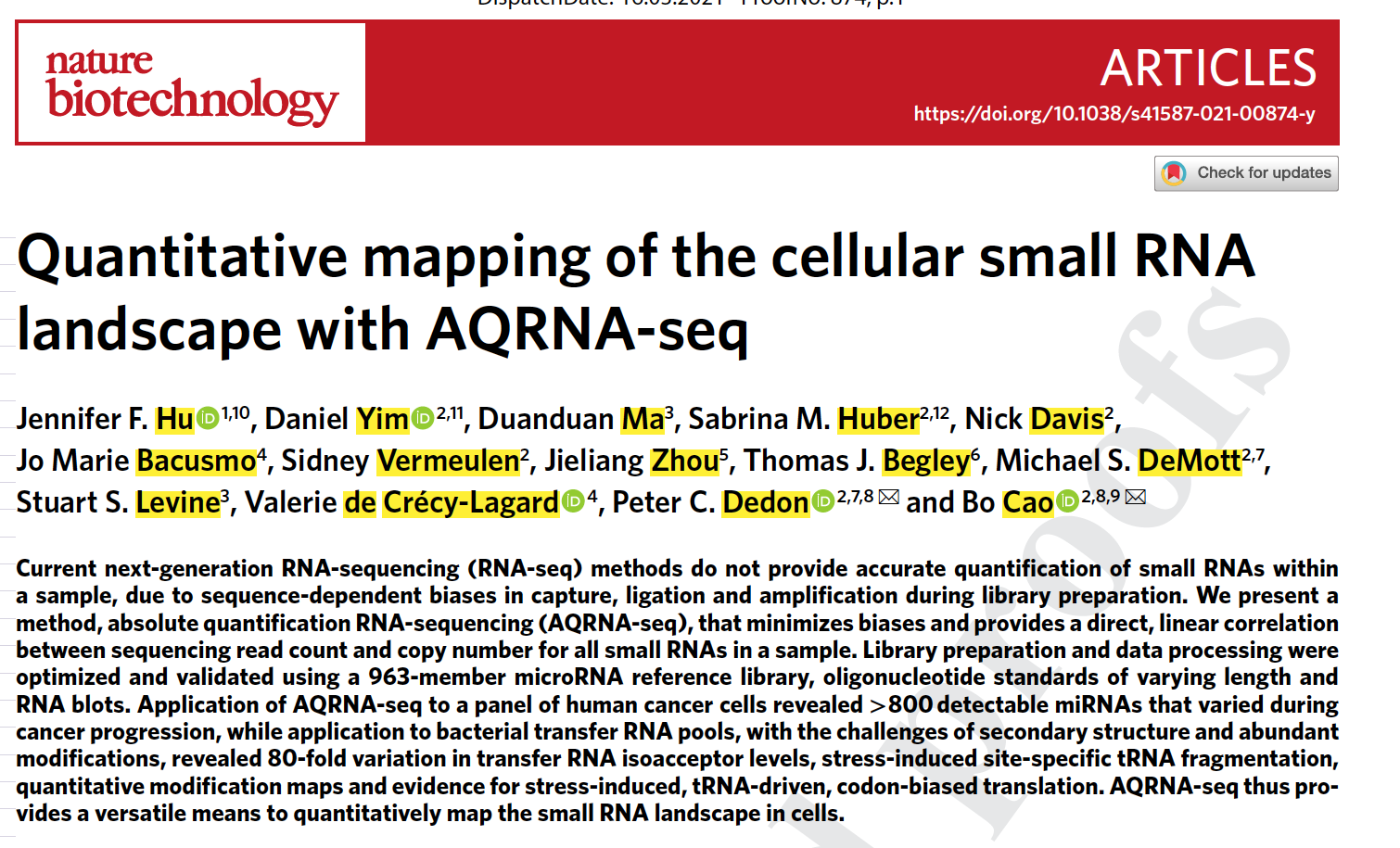 Quantitative mapping of the cellular small RNA landscape with AQRNA-seq ...